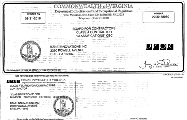 Virginia Kane Innovations | Virginia Contractor License | Kane Innovations